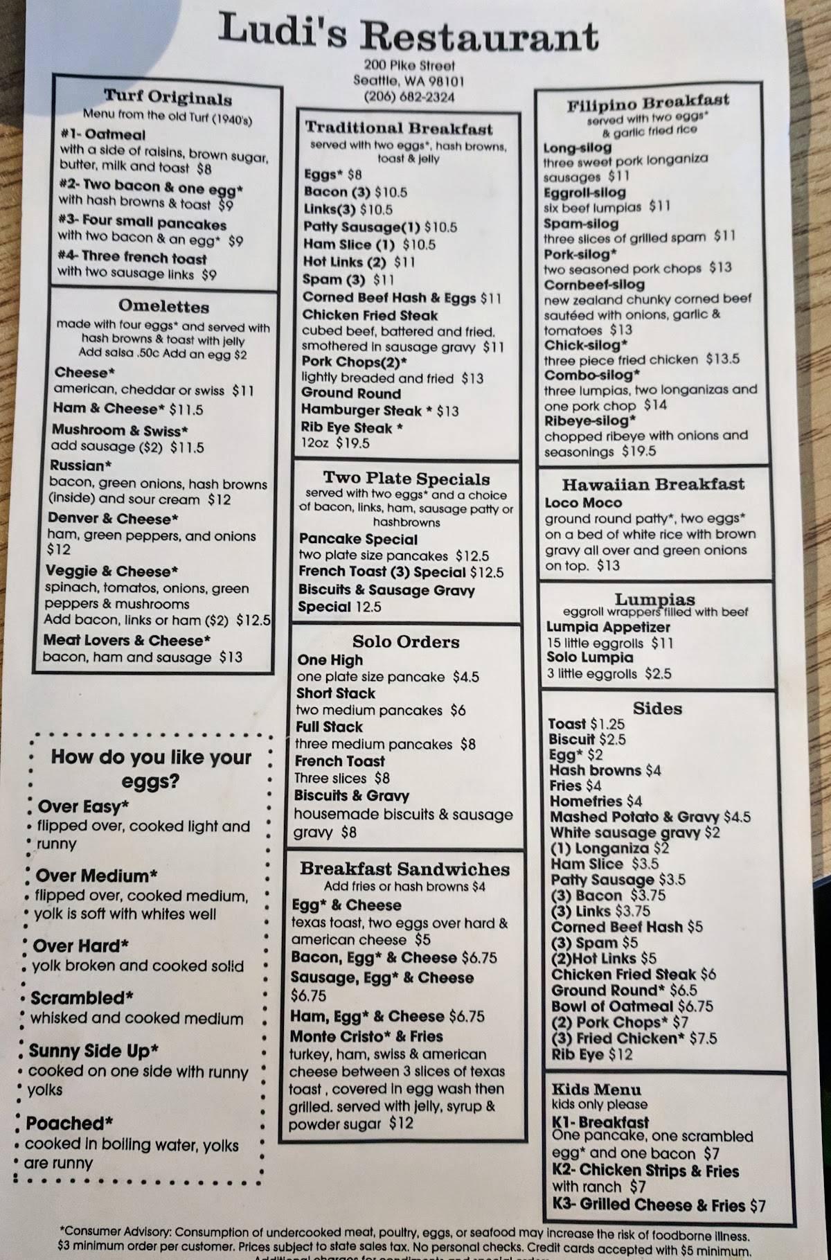 Menu at Ludi's restaurant, Seattle