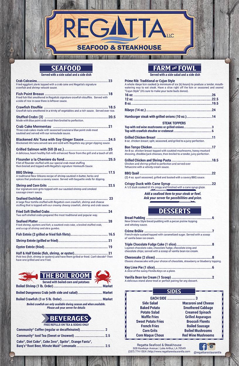Menu at Regatta Seafood and Steakhouse, Lake Arthur