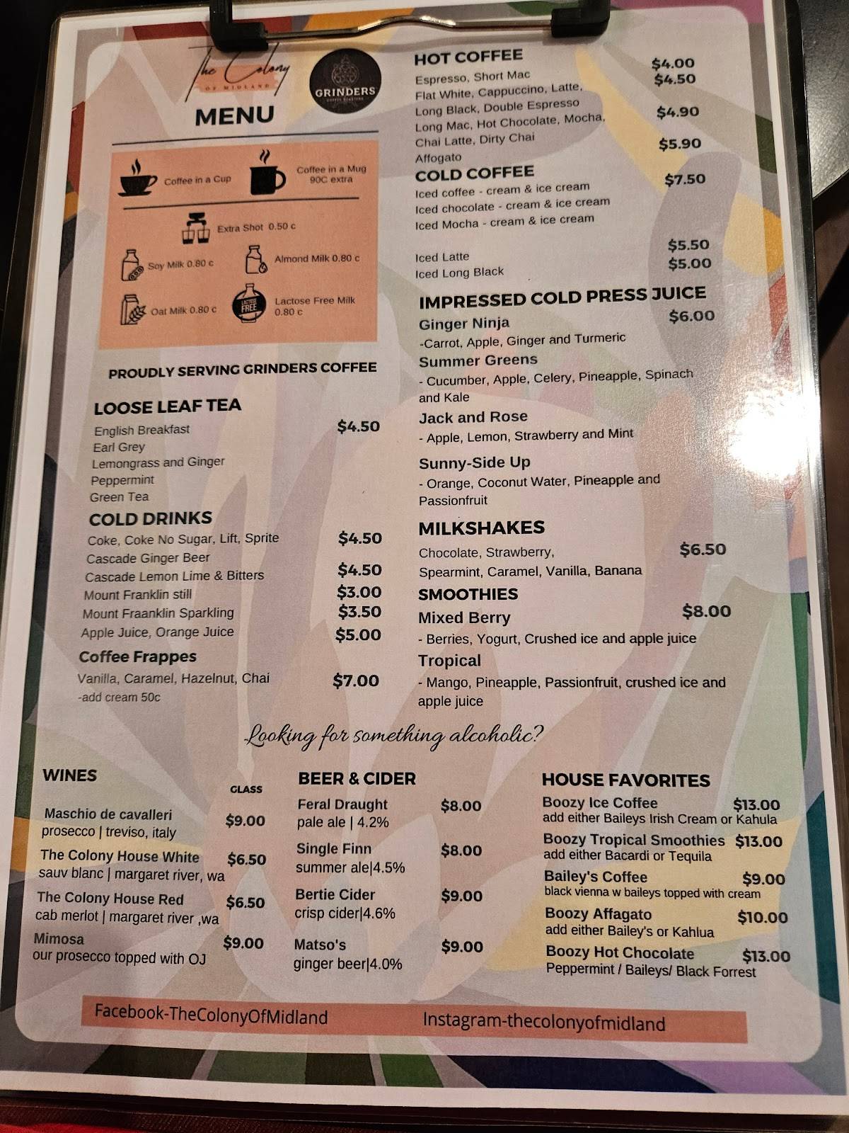 Menu at The Colony of Midland restaurant, Midland