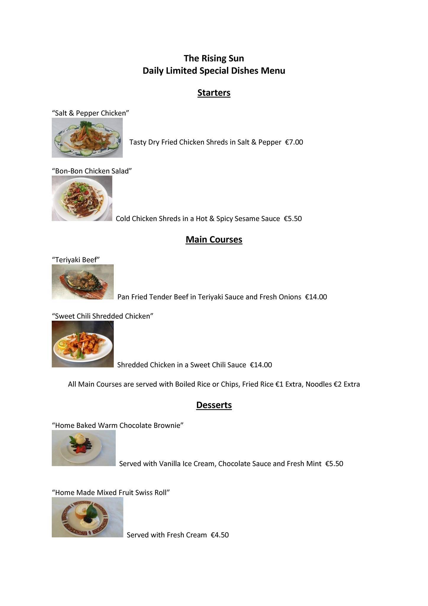 Menu at The Rising Sun restaurant, Longford