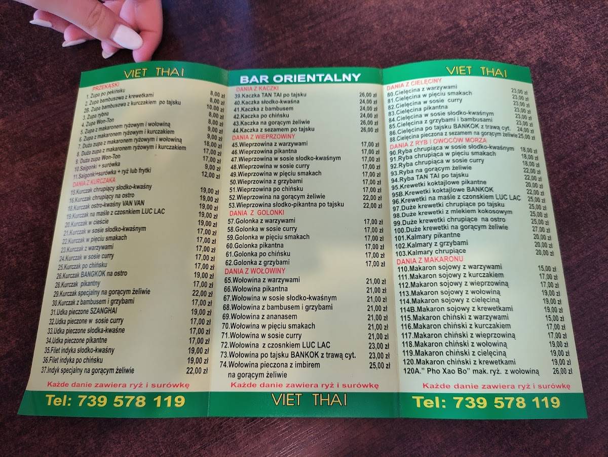 Menu at Viet-Thai restaurant, Wrocław, Sztabowa 78A