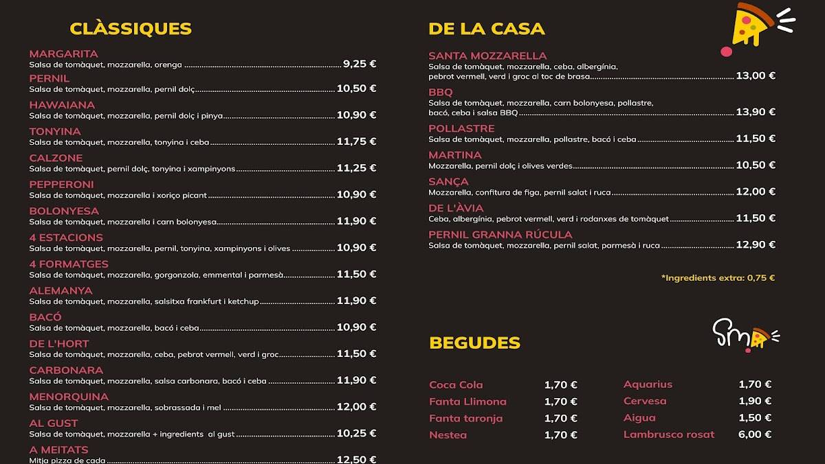 Carta del restaurante santa mozzarella angles, Anglès