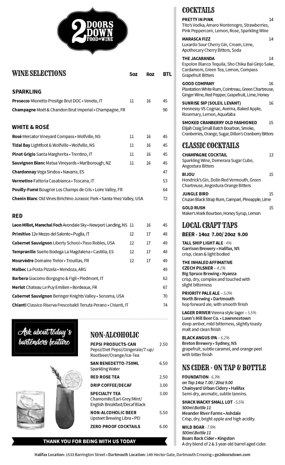 Menu at 2 Doors Down Food & Wine Dartmouth pub & bar, Dartmouth