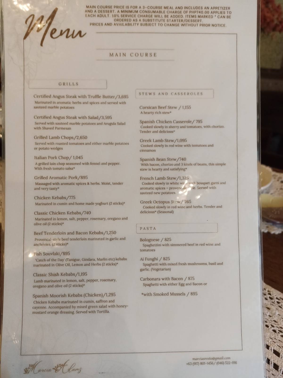 Menu at Marcia Adams' Restaurant, Tagaytay