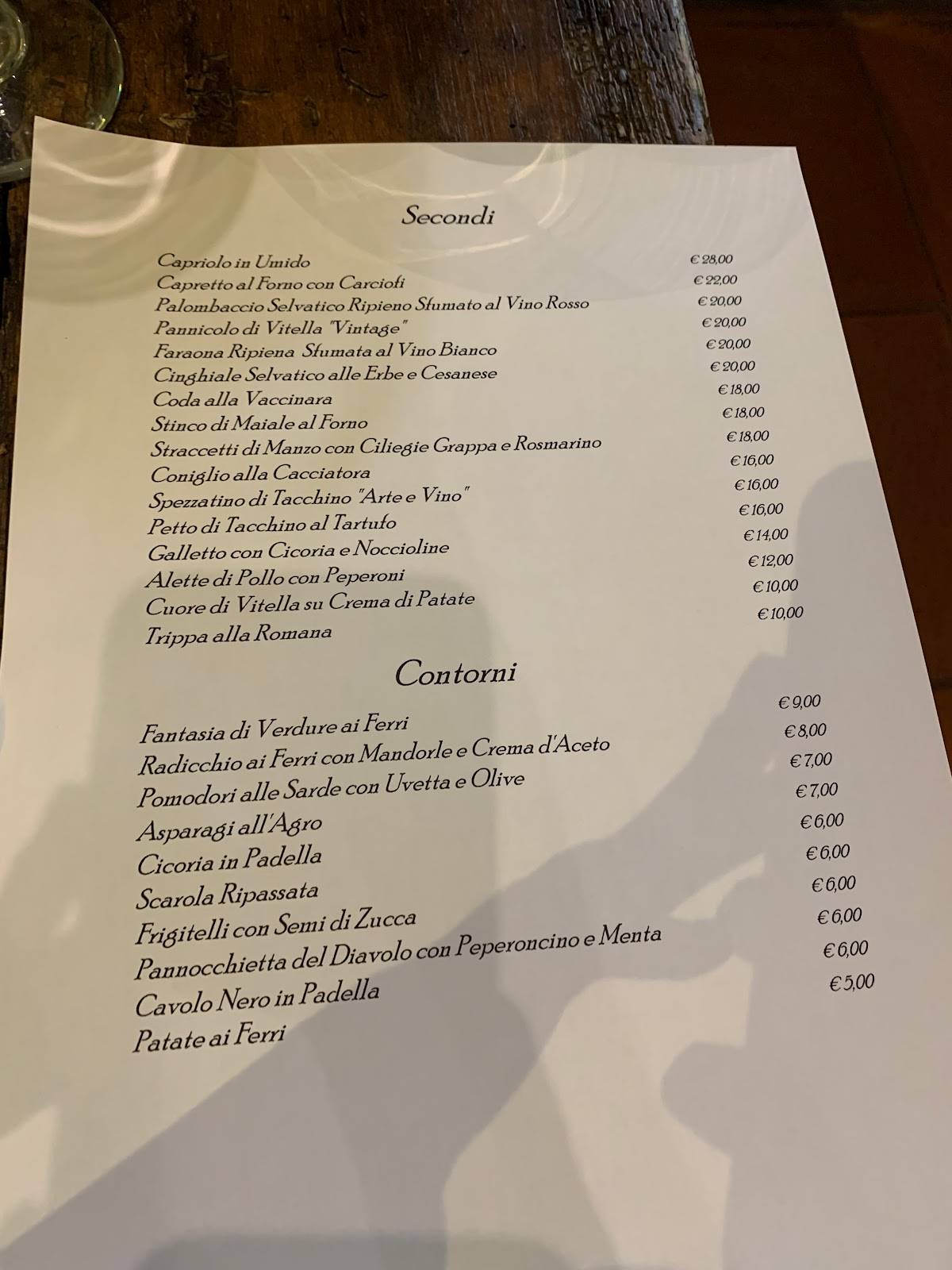 Menu da Arte e Vino ristorante, Castel Gandolfo