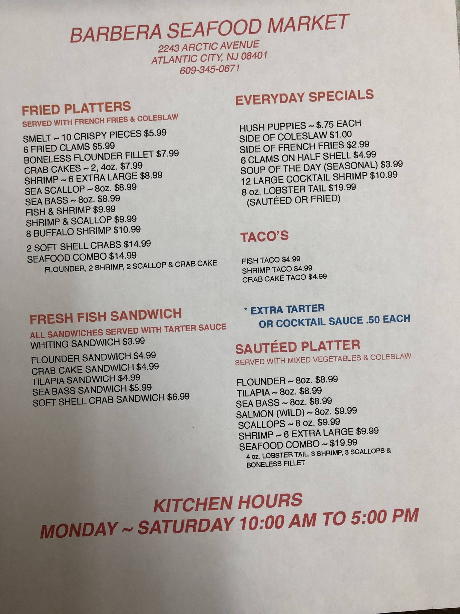 Menu at Barbera Seafood, Atlantic City