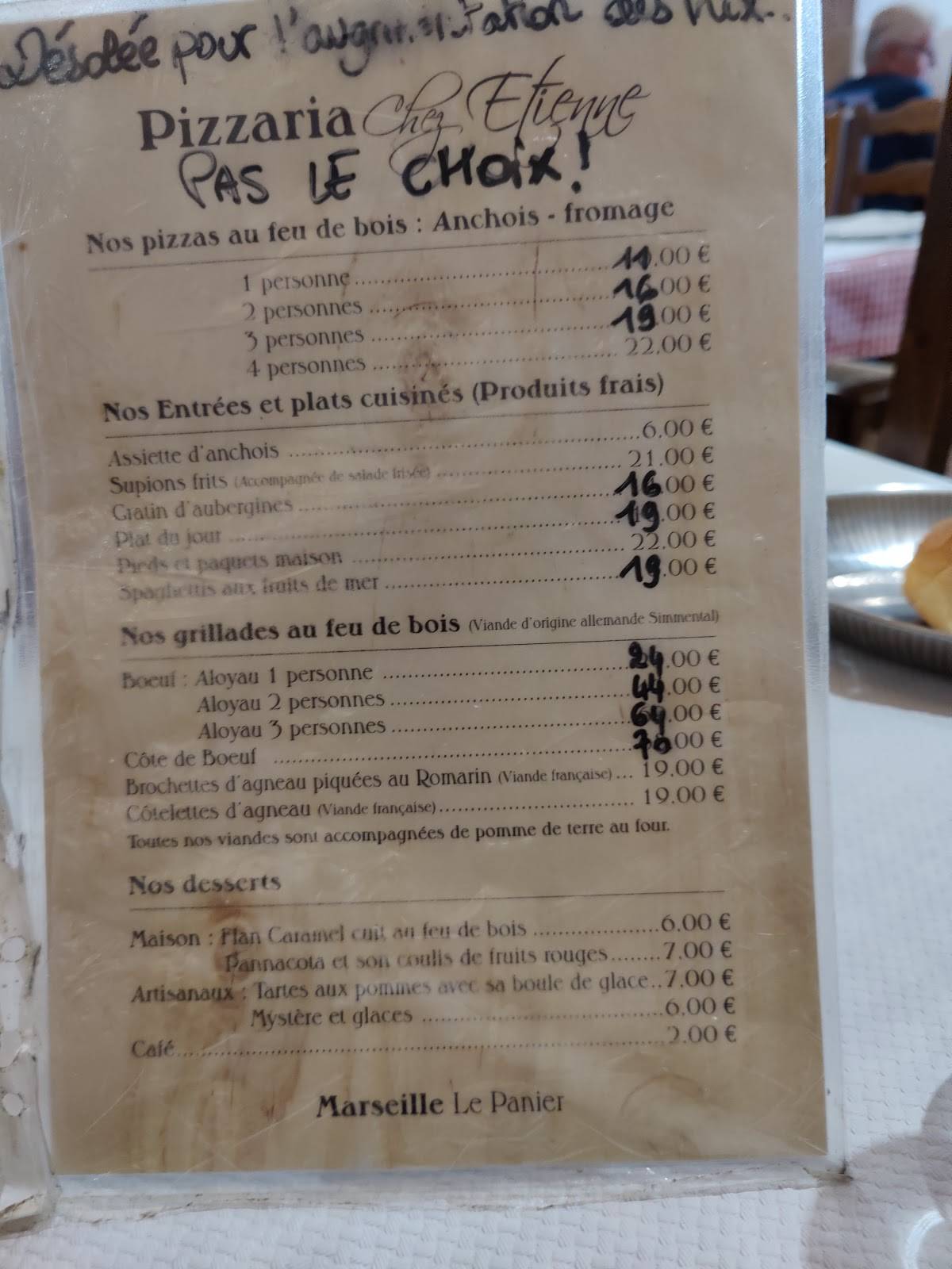 Menu at Chez Etienne pizzeria, Marseille, 43 Rue Lorette