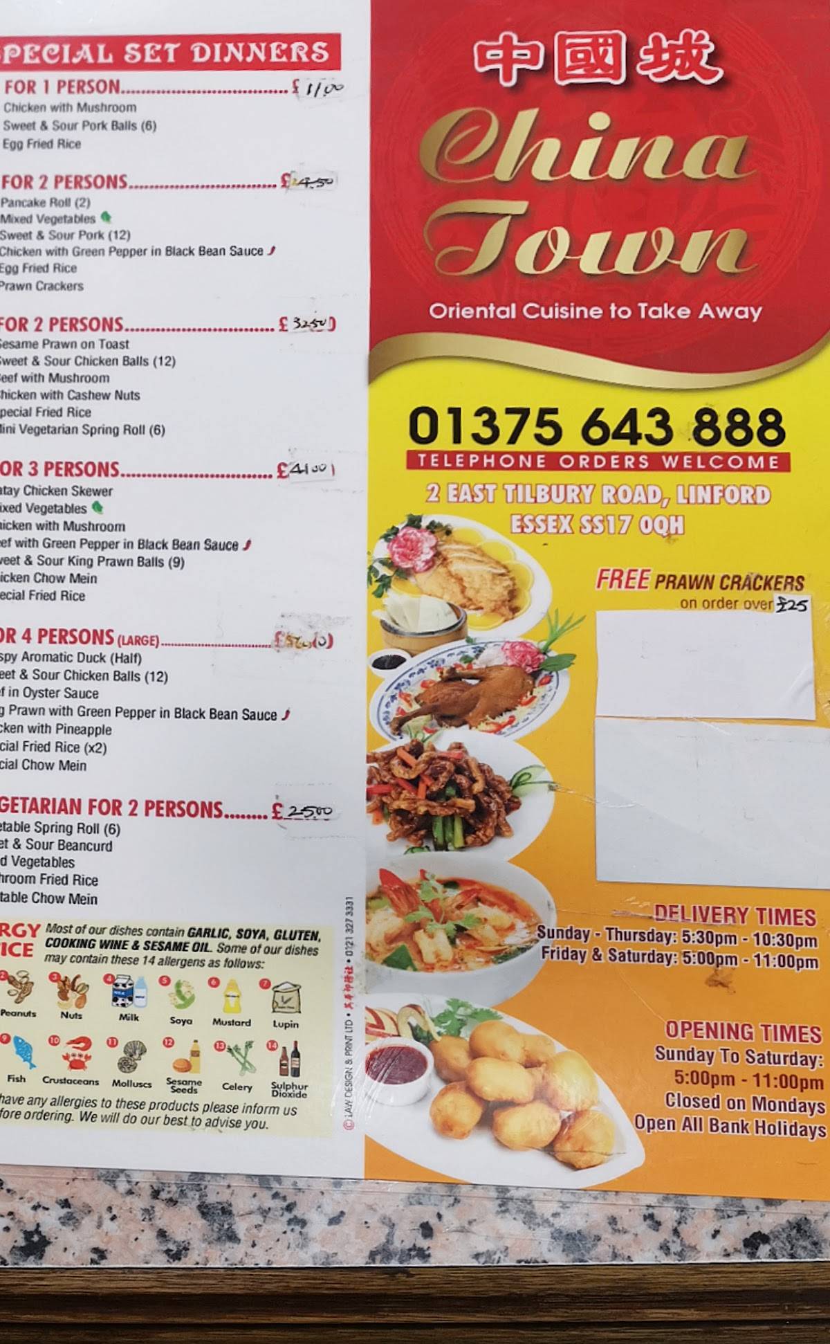 Menu at China Town restaurant, Stanford-le-Hope