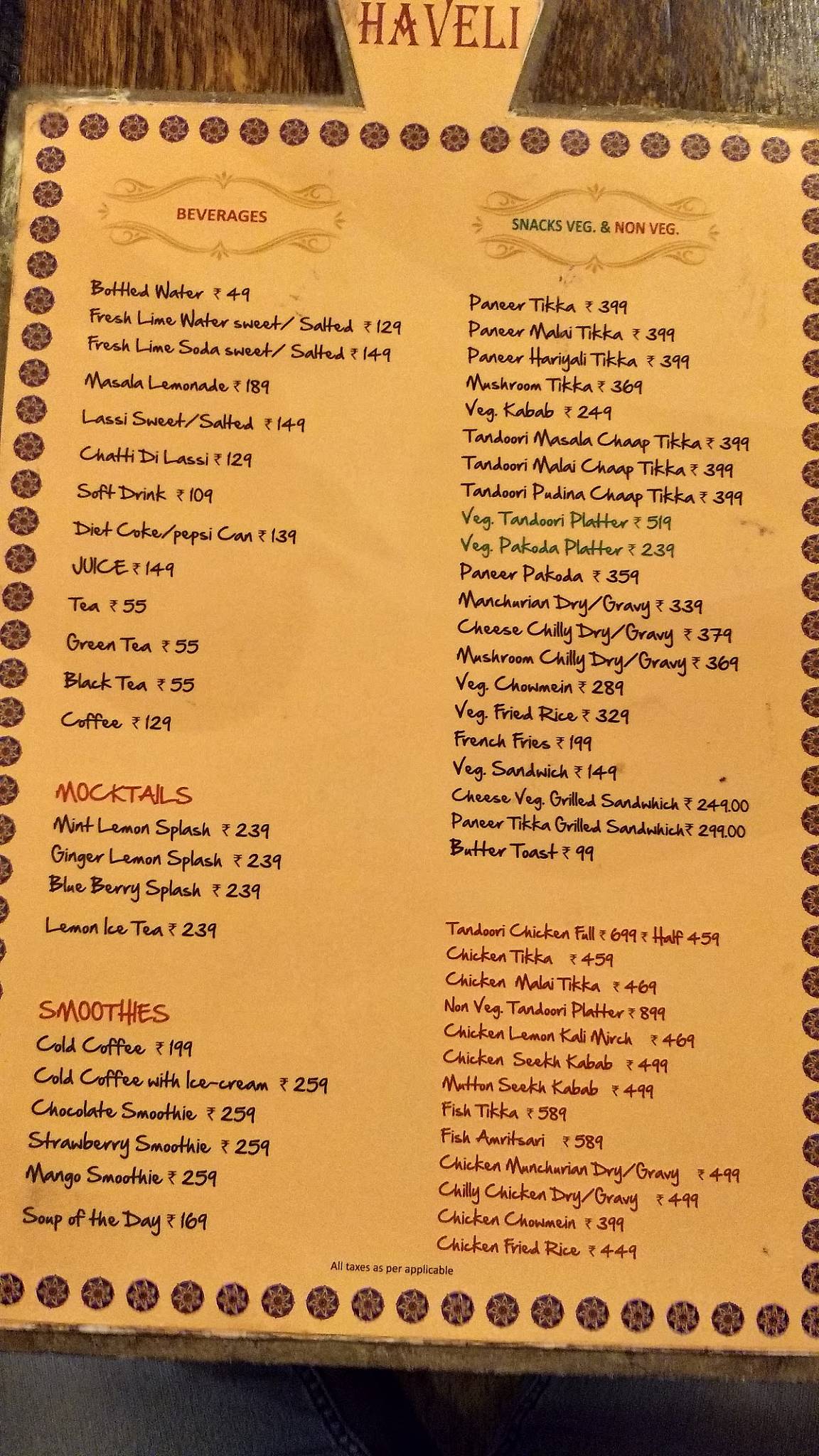 Menu at Dharampur Haveli, Dharampur