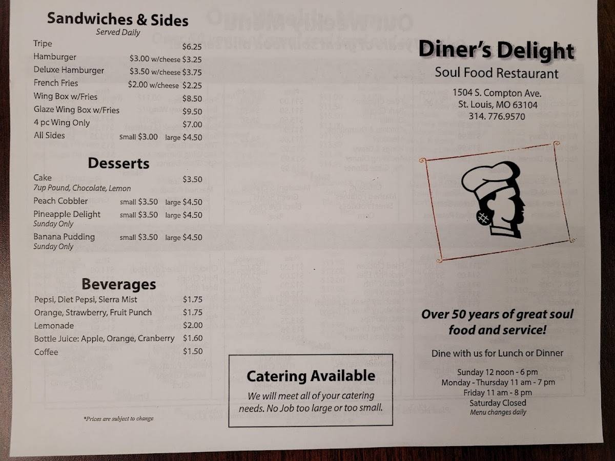 Menu at Diner's Delight restaurant, St. Louis