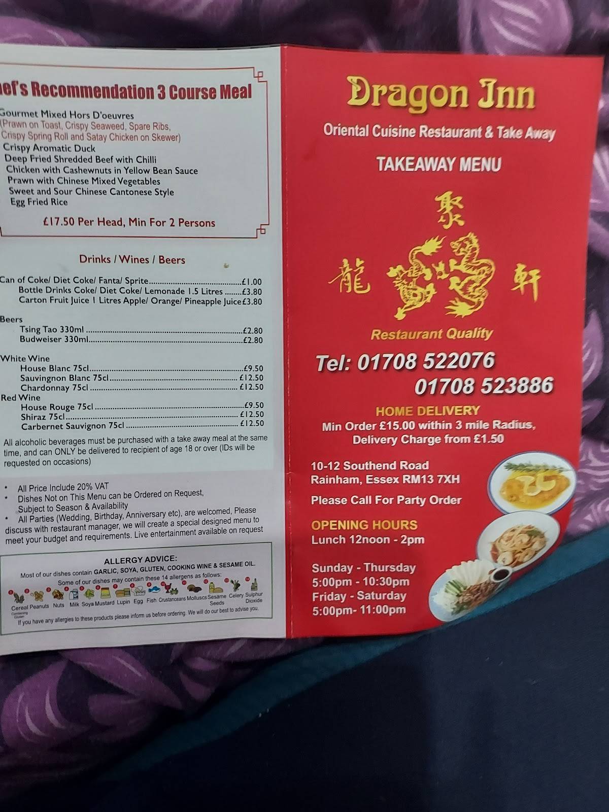 Menu at Dragon Inn restaurant, Rainham, 10-12 S End Rd