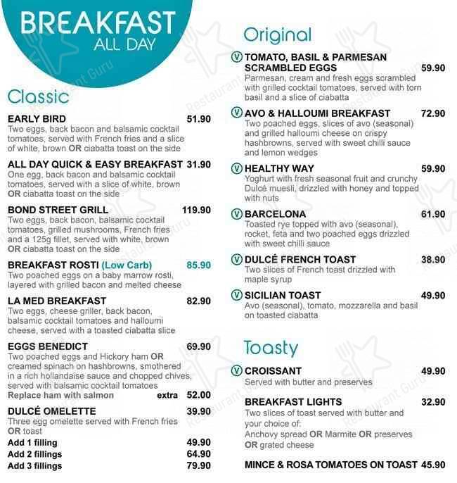 Menu at Dulce Cafe, South Africa, 5 Steyn Street