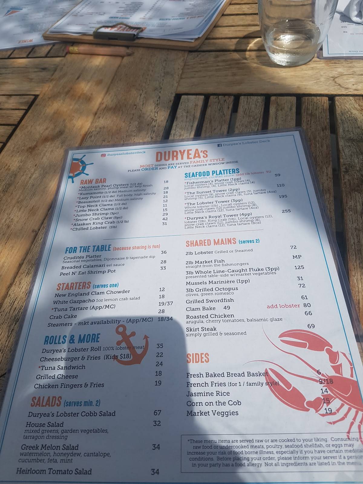 Menu at Duryea's Montauk restaurant, Montauk