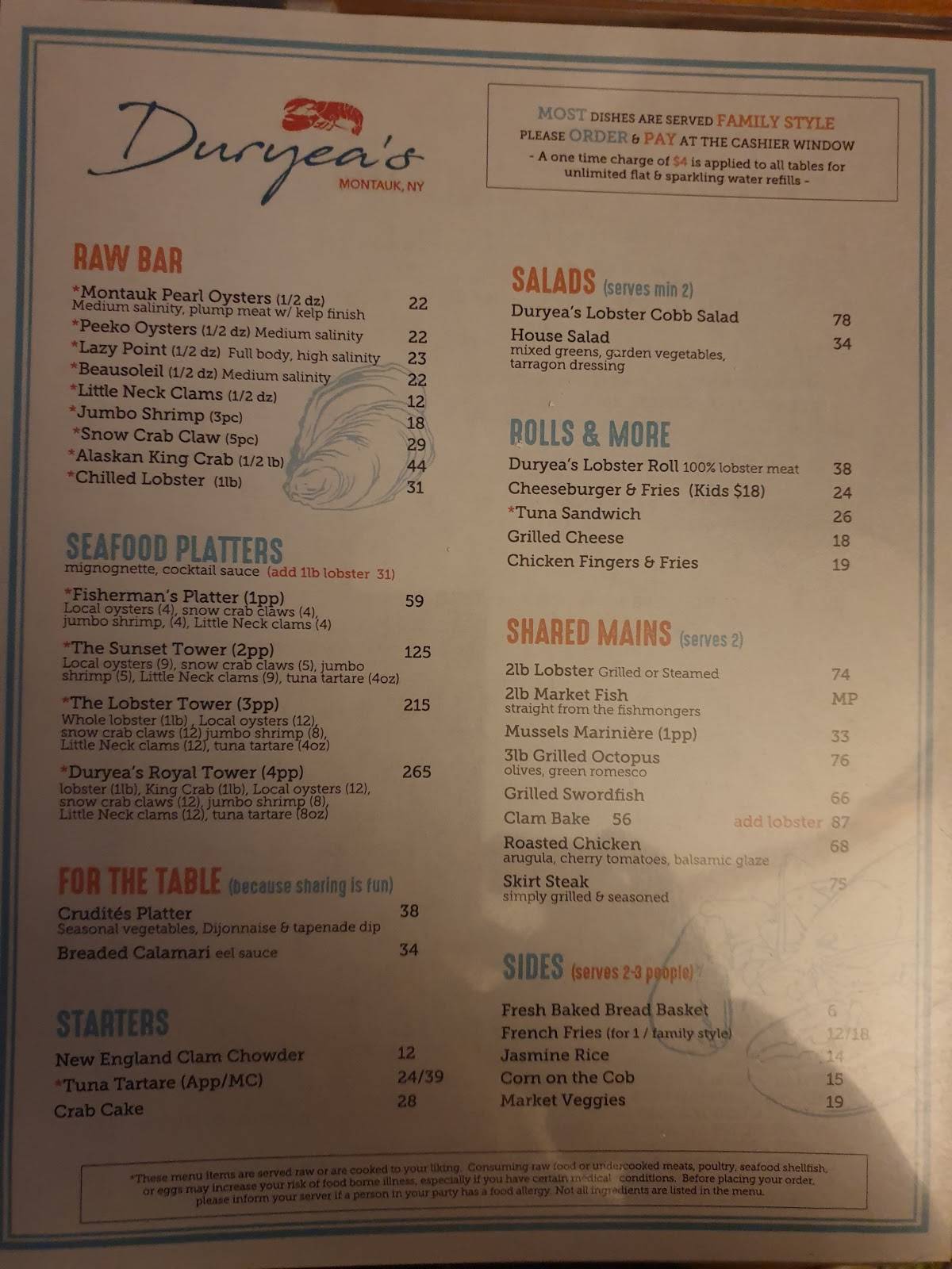 Menu at Duryea's Montauk restaurant, Montauk