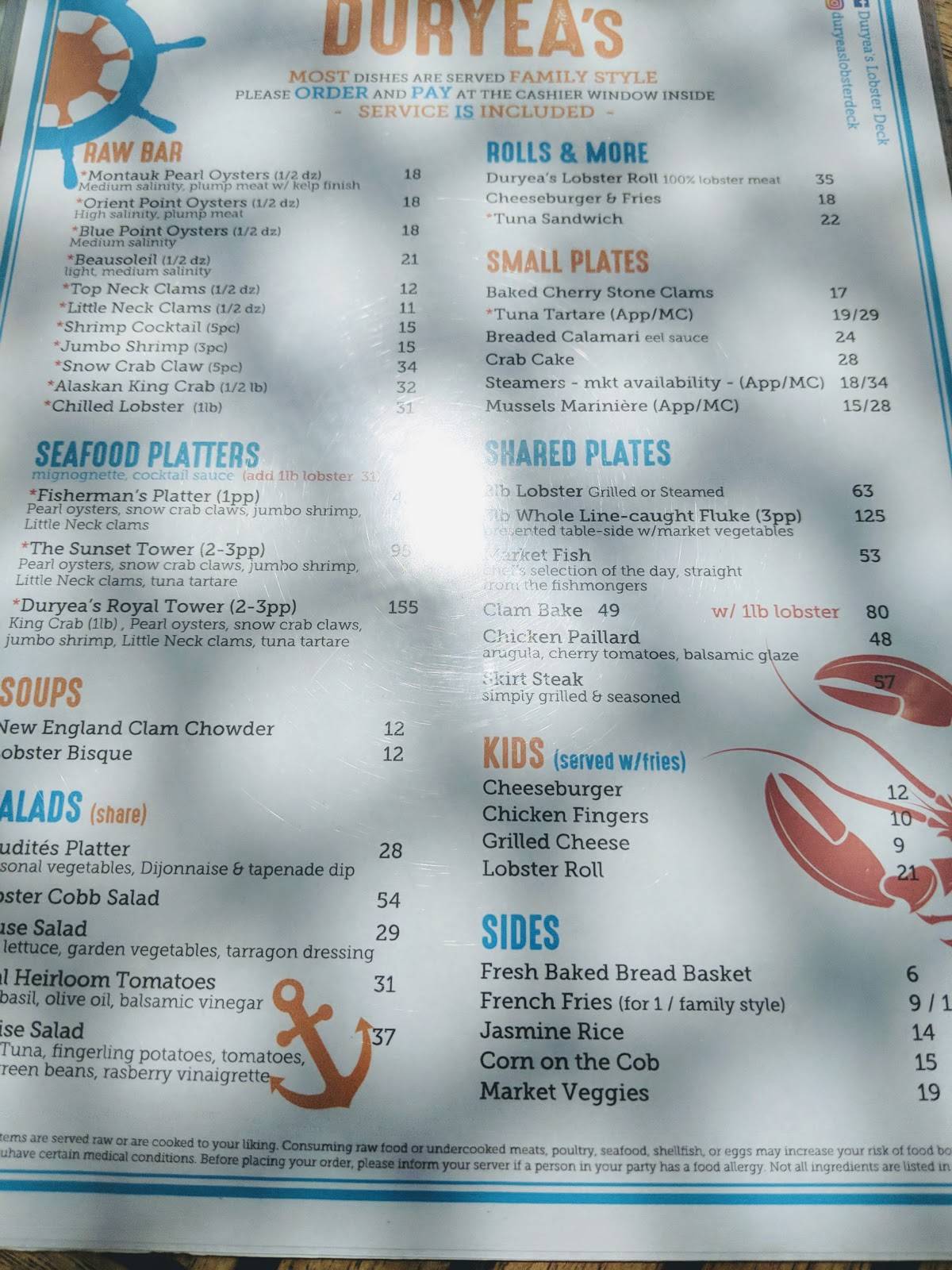 Menu at Duryea's Montauk restaurant, Montauk