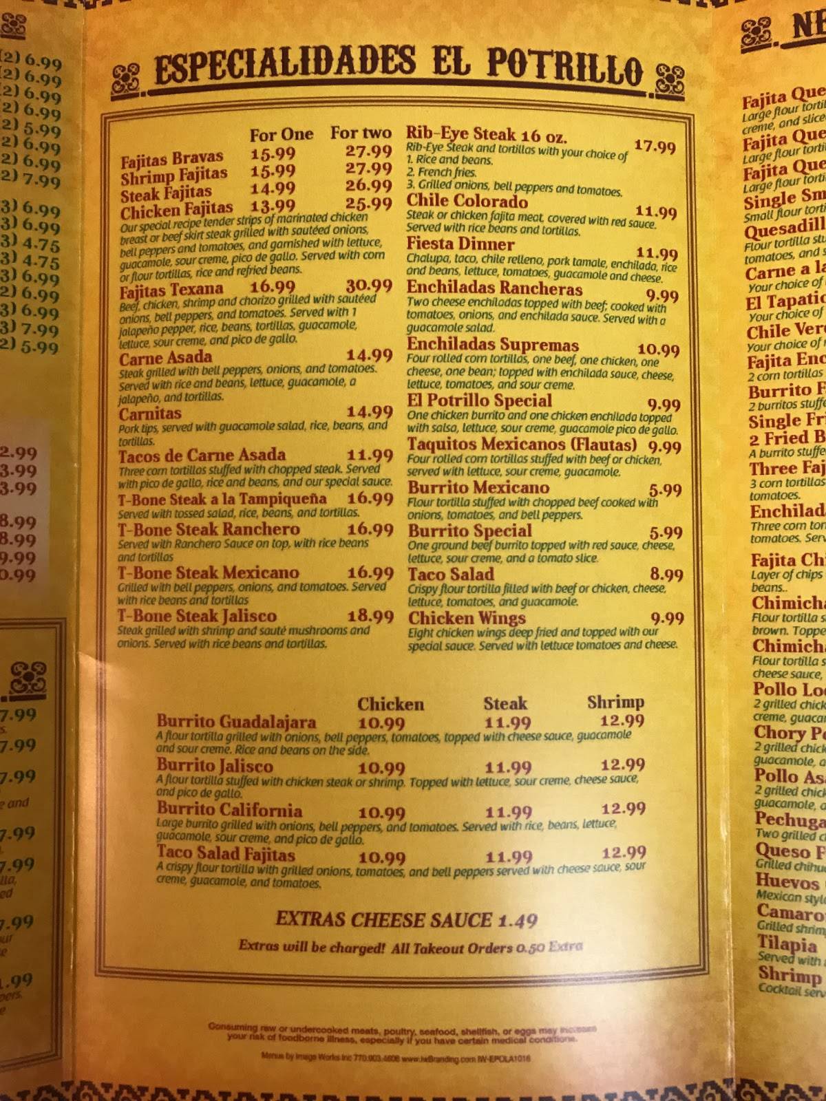 Menu at El Potrillo Mexican Restaurant & Grill, Lafayette, Moss St