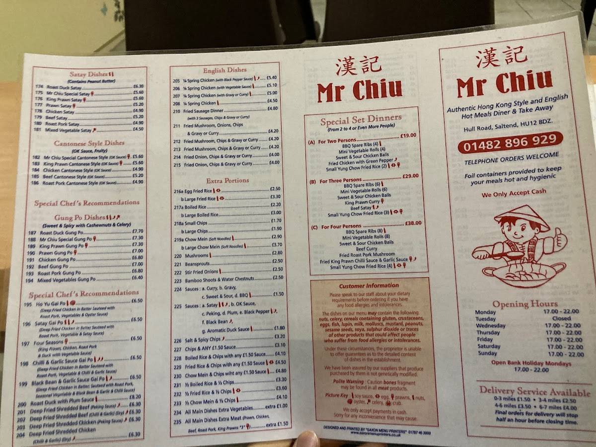 Menu at Mr Chiu restaurant, Hull