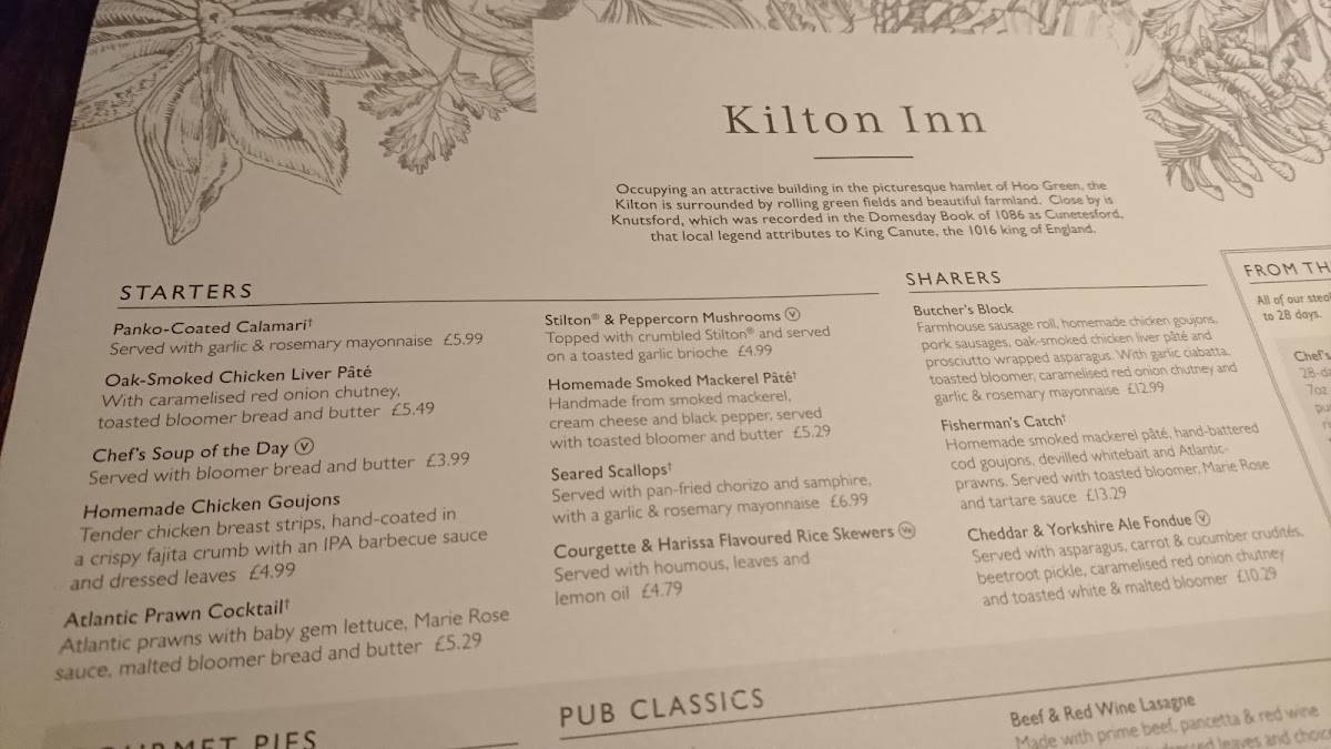 Menu at The Kilton Inn, Knutsford pub & bar, Knutsford, Warrington Road