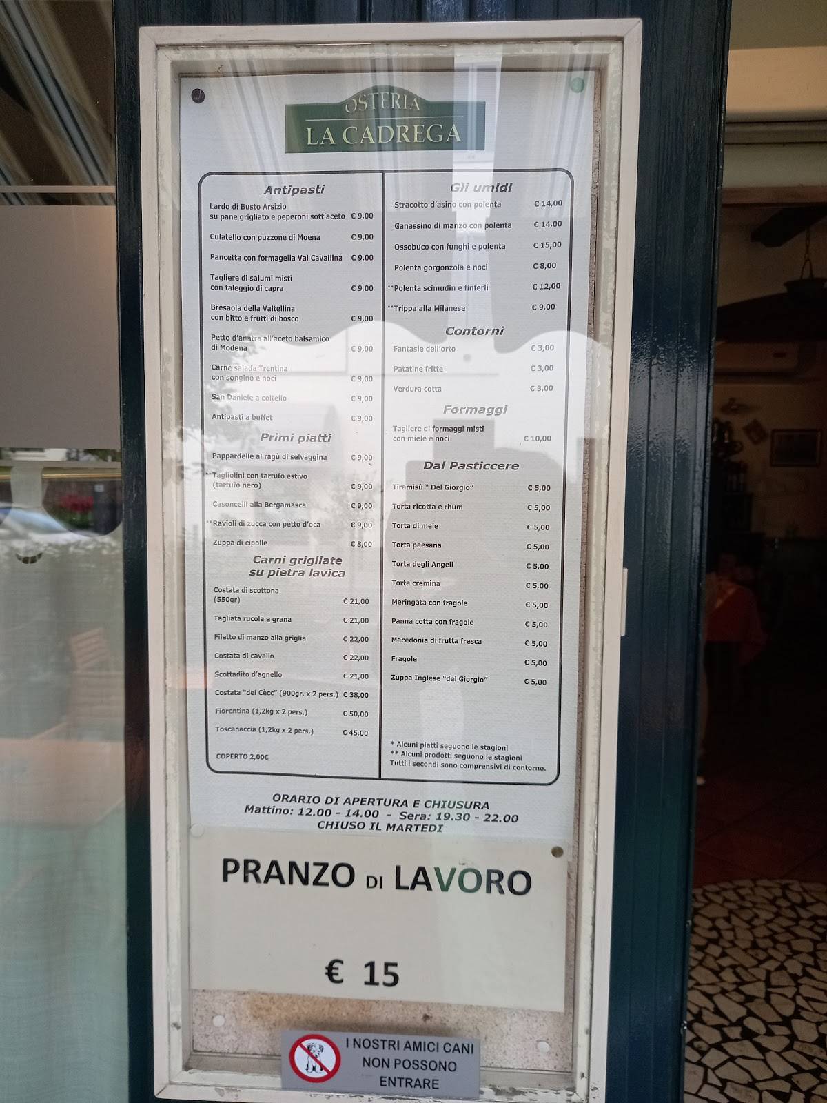 Menu da La Cadrega ristorante, Carimate