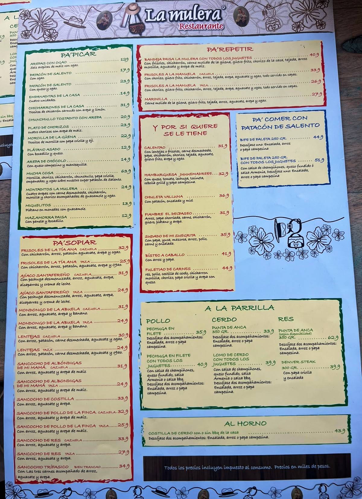 Carta del restaurante La Mulera Calle 97, Bogotá