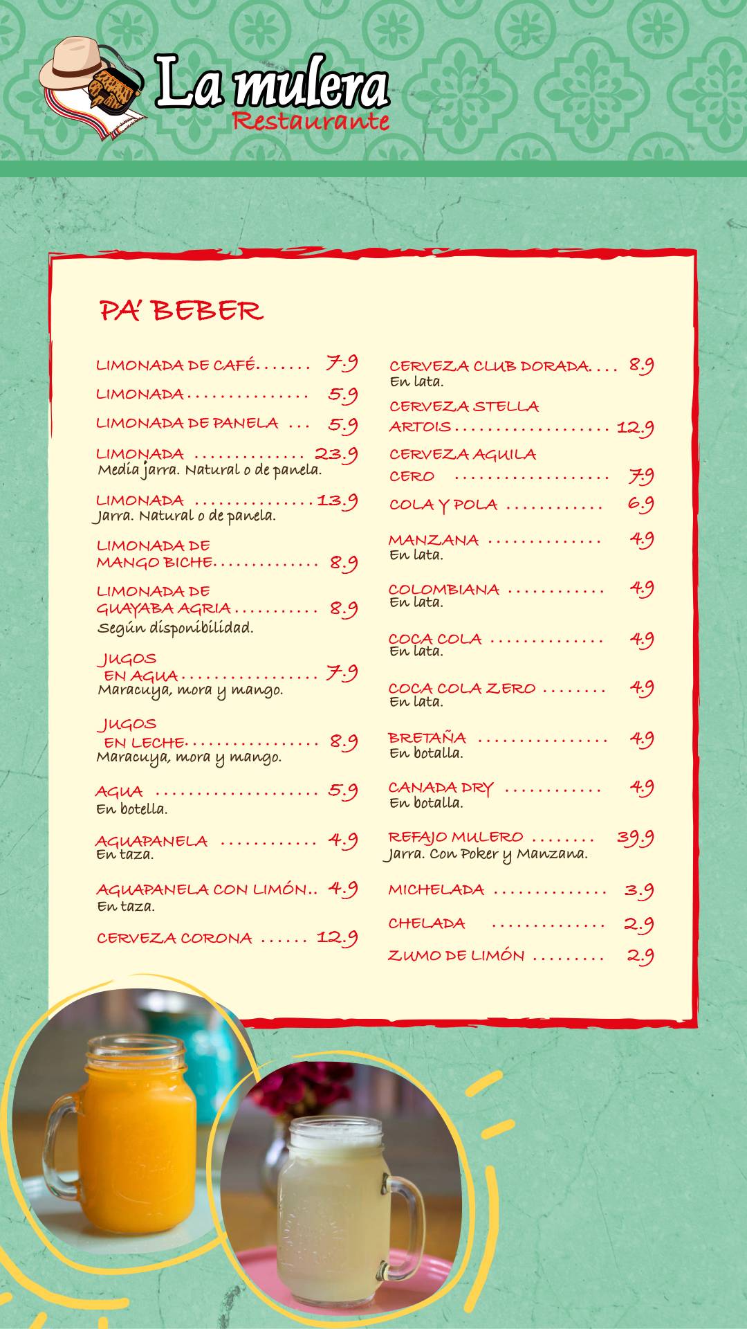 Carta del restaurante La Mulera Calle 97, Bogotá