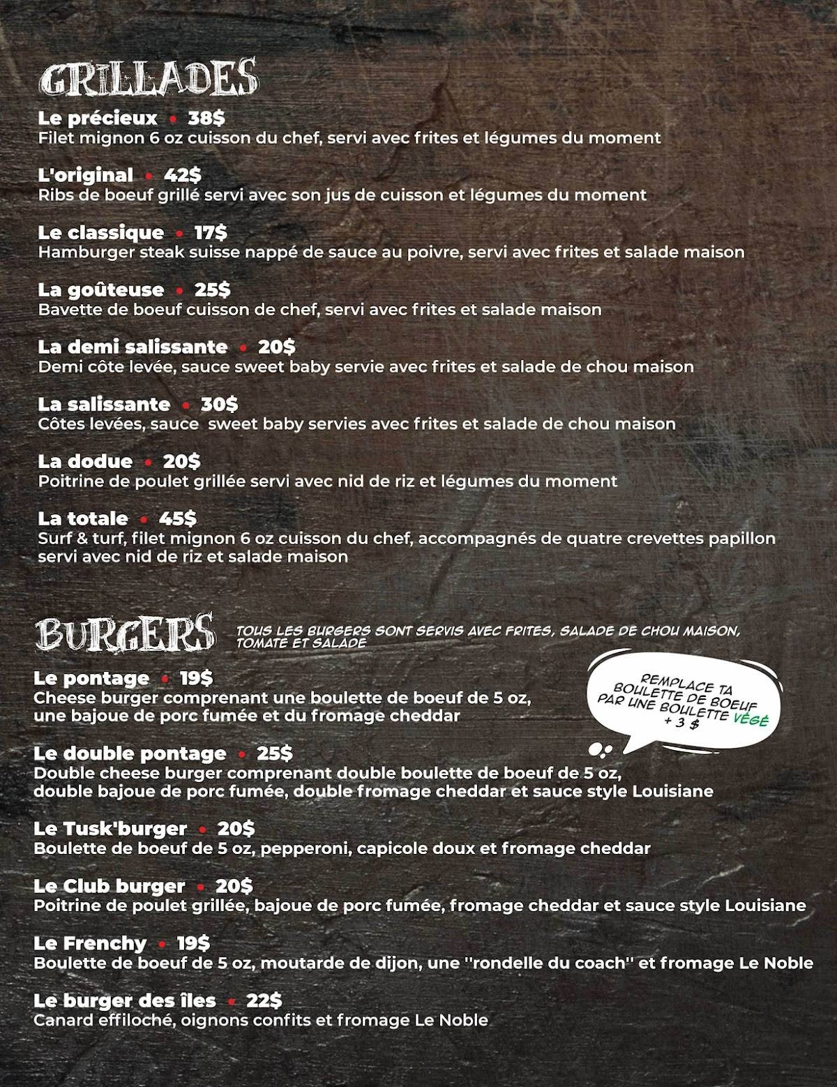 Menu au Le Tusker Cuisine et Pub, Berthierville