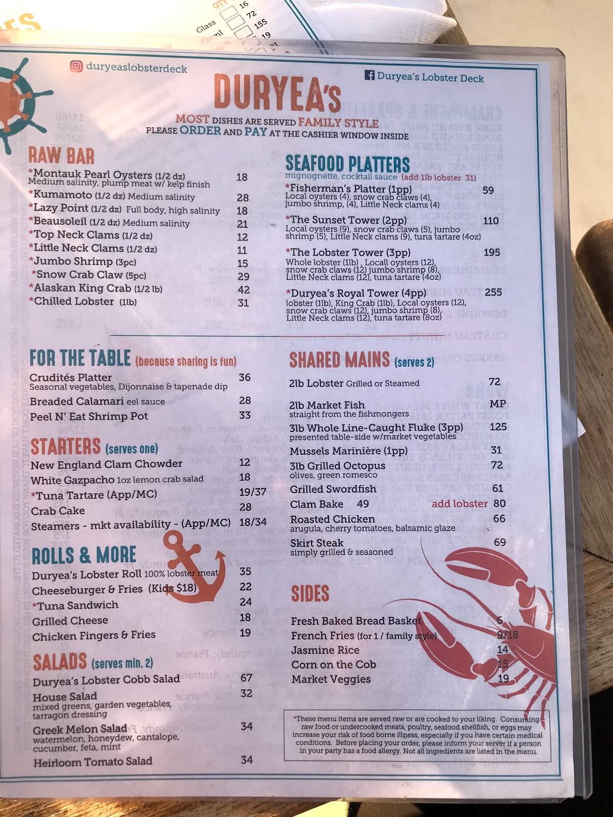 Menu at Duryea's Montauk restaurant, Montauk