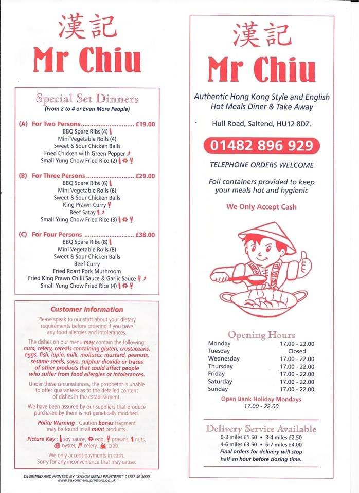 Menu at Mr Chiu restaurant, Hull
