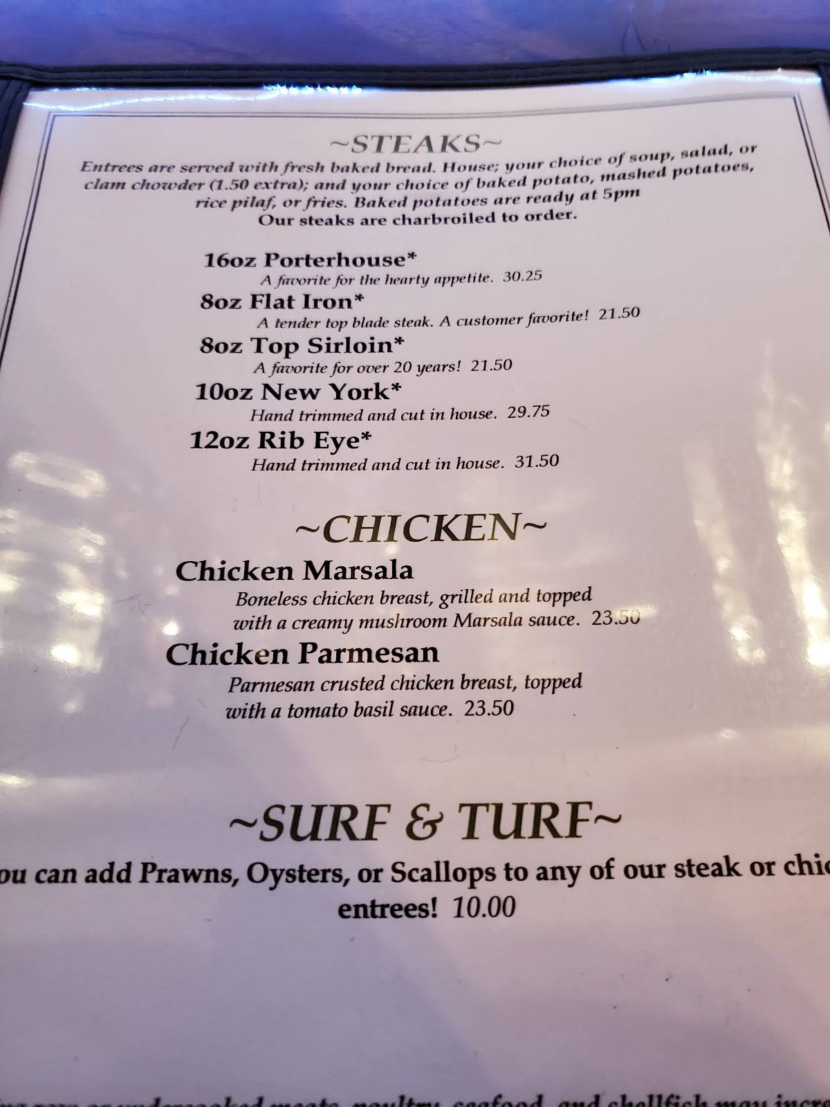 Menu at Newport Steak & Seafood steakhouse, Newport, SW Coast Hwy