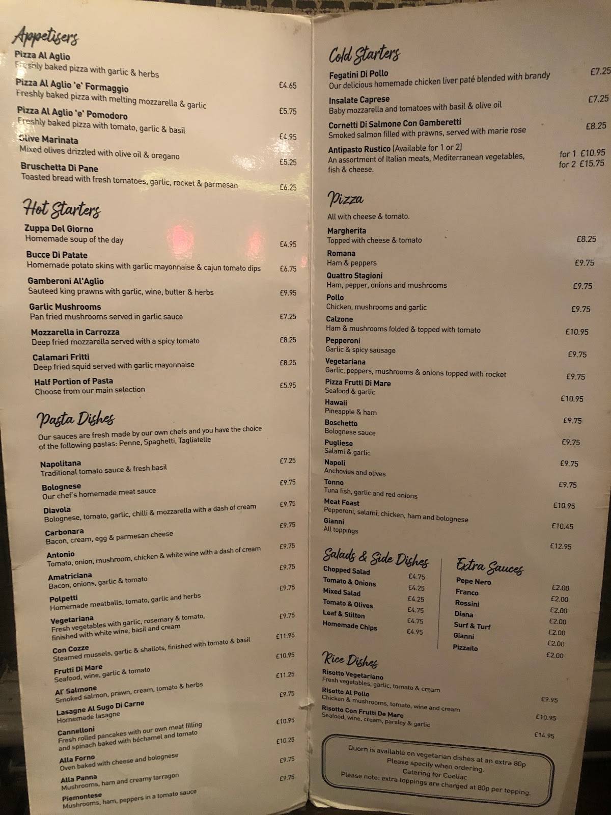 Menu at Original Gianni's restaurant, Morpeth