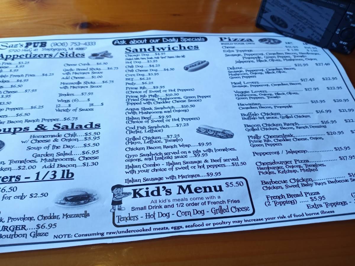 Menu at Saz's Pub and Pizza, Stephenson