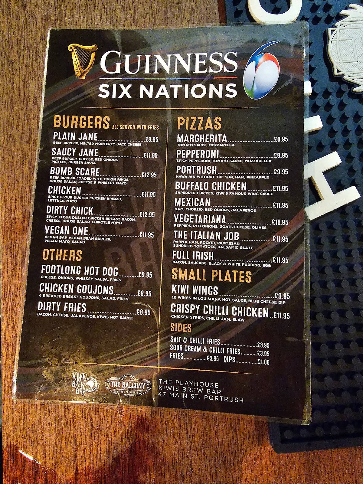 Menu at Kiwi's Brew Bar, Portrush