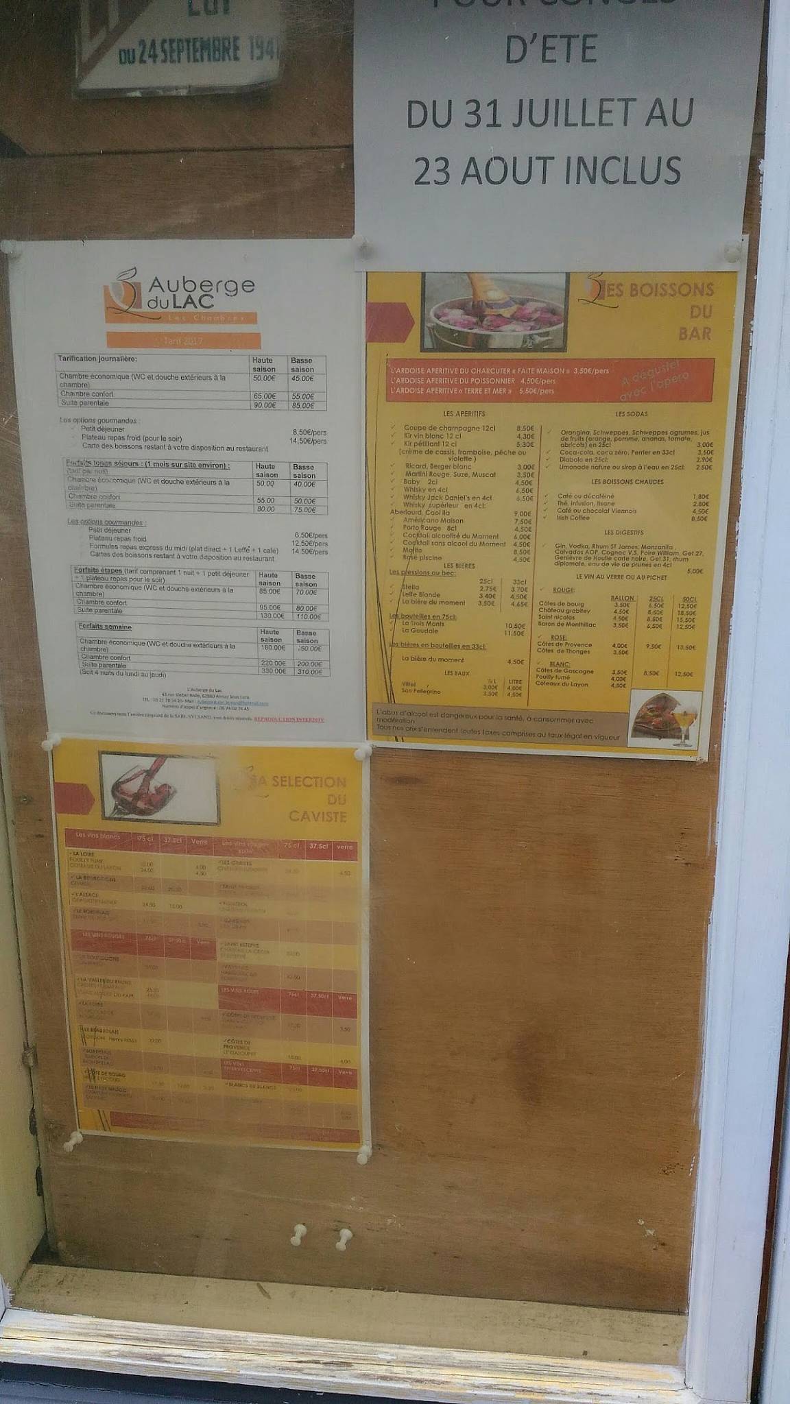 Menu au Auberge du Lac restaurant, Annay