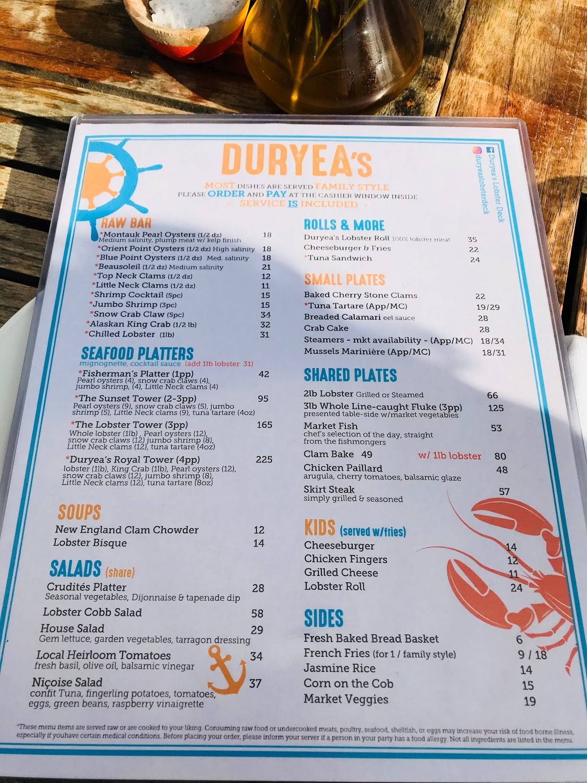Menu at Duryea's Montauk restaurant, Montauk
