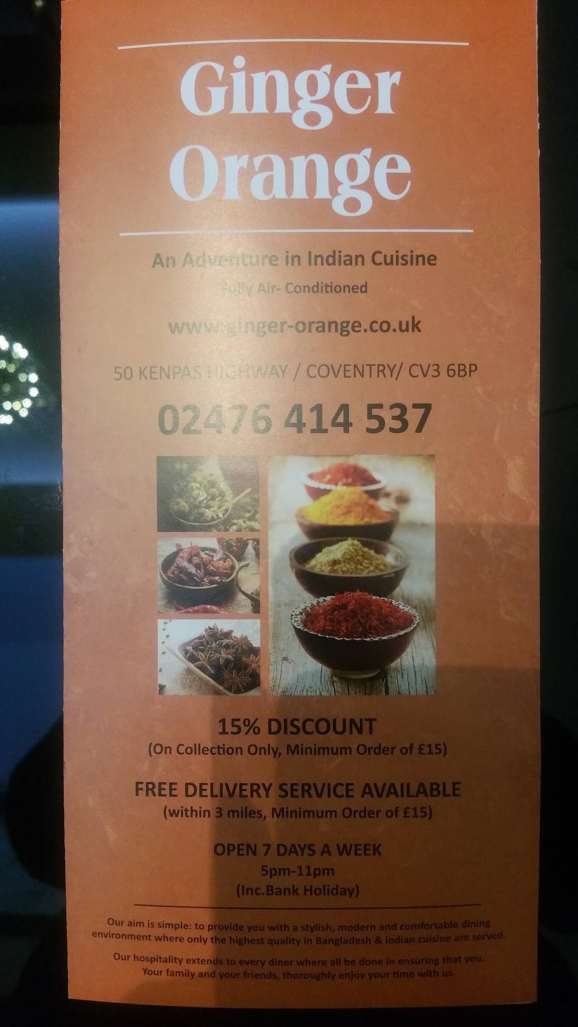 Menu at Ginger Orange restaurant, Coventry