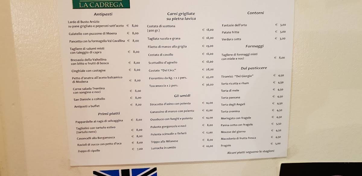 Menu da La Cadrega ristorante, Carimate