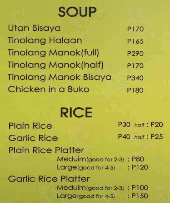Menu at Lantaw Busay restaurant, Cebu City