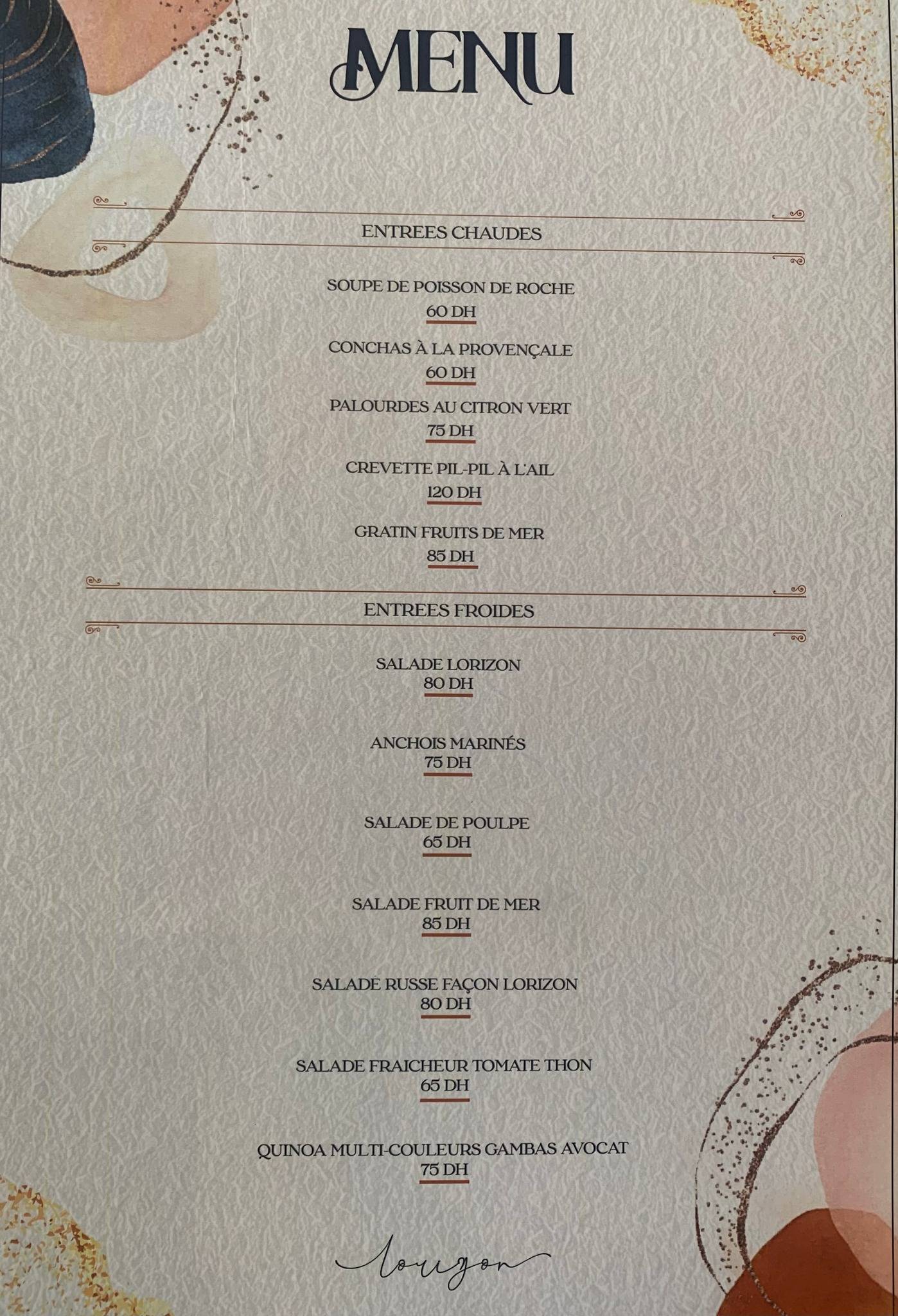 Menu au Lorizon M'diq restaurant, M'diq, Av. Moulay Rachid