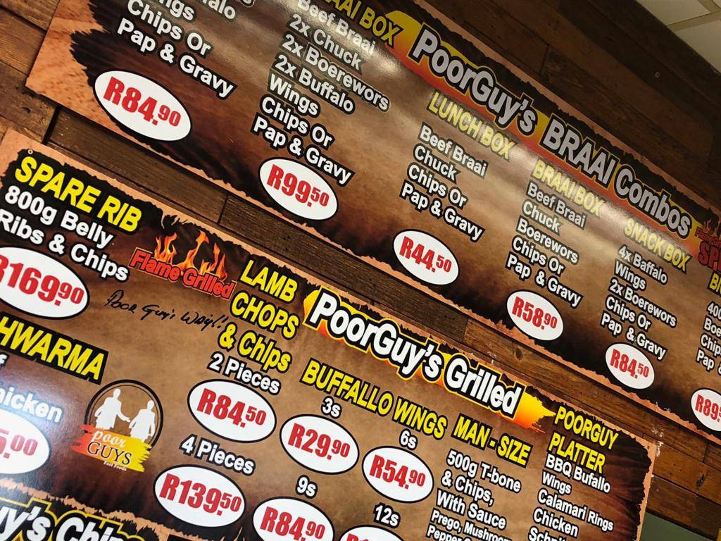 Menu at Poor Guys Fast Food, Pretoria