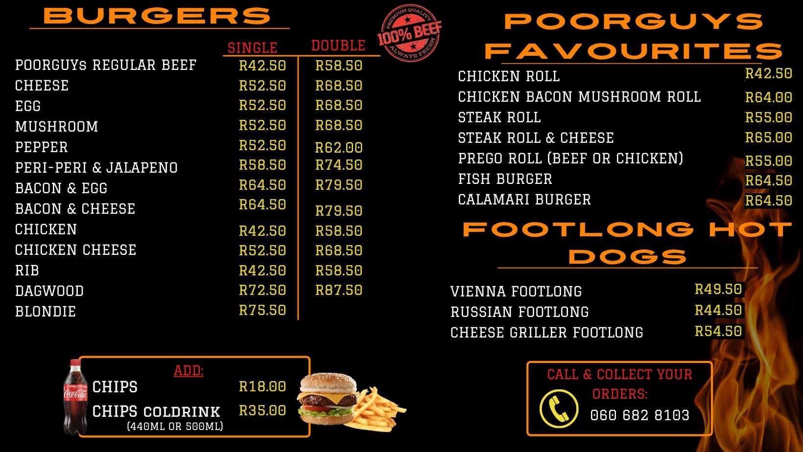 Menu at Poor Guys Fast Food, Pretoria
