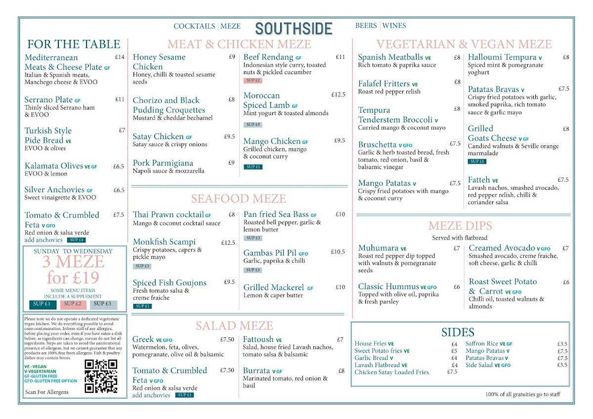 Menu at Southside Bar Restaurant, Glasgow