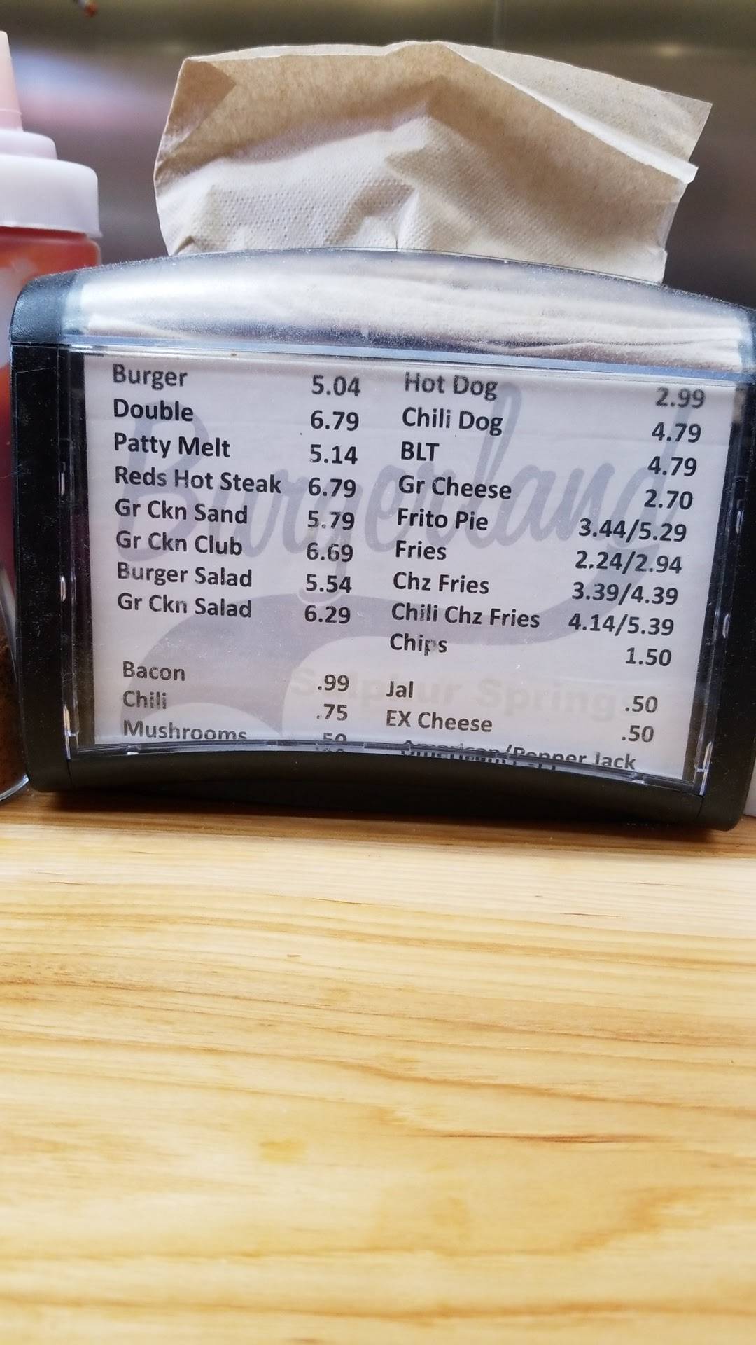 Menu at The Stadium at Burgerland restaurant, Sulphur Springs