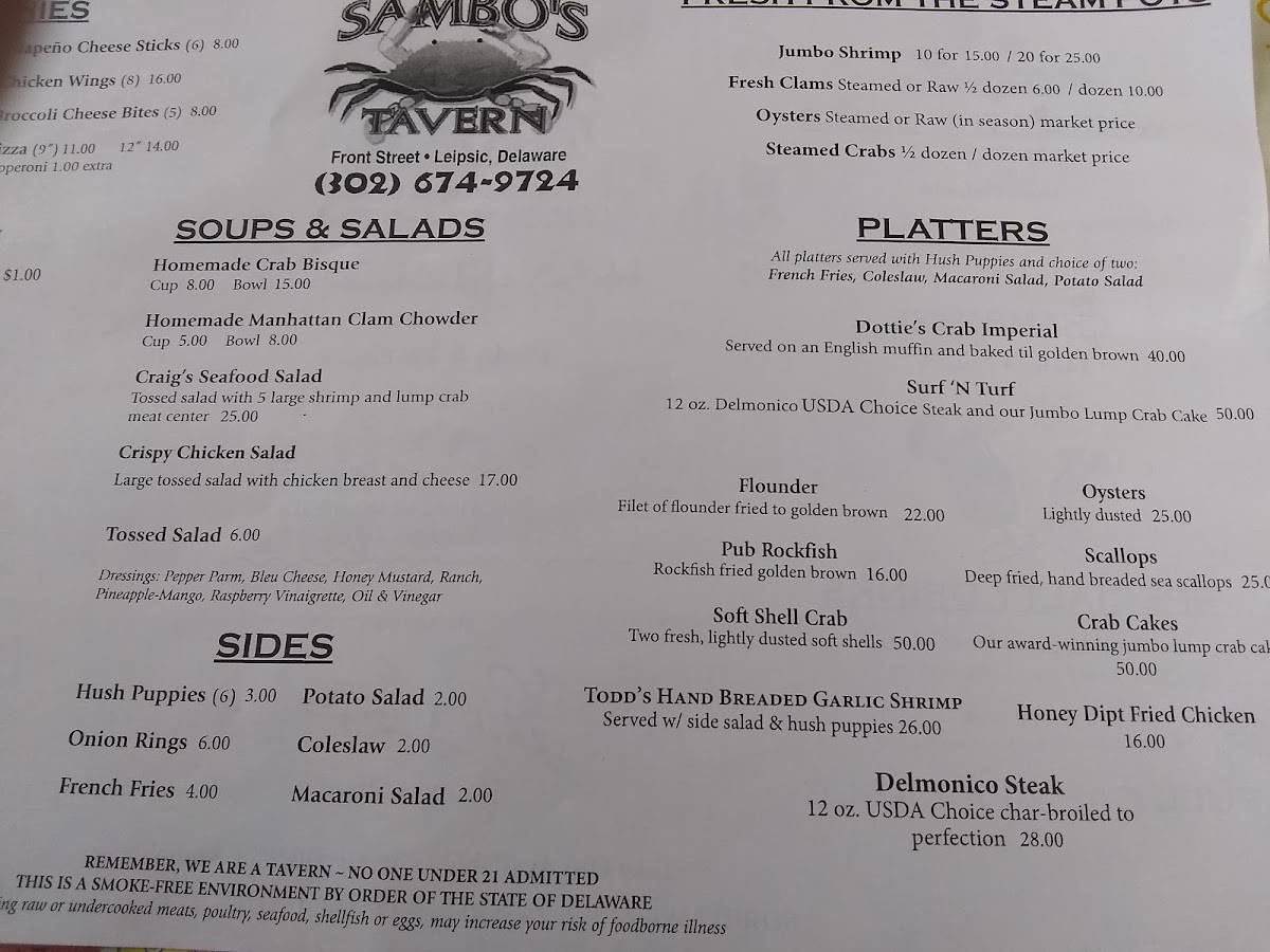 Menu at Sambo's Tavern pub & bar, Leipsic