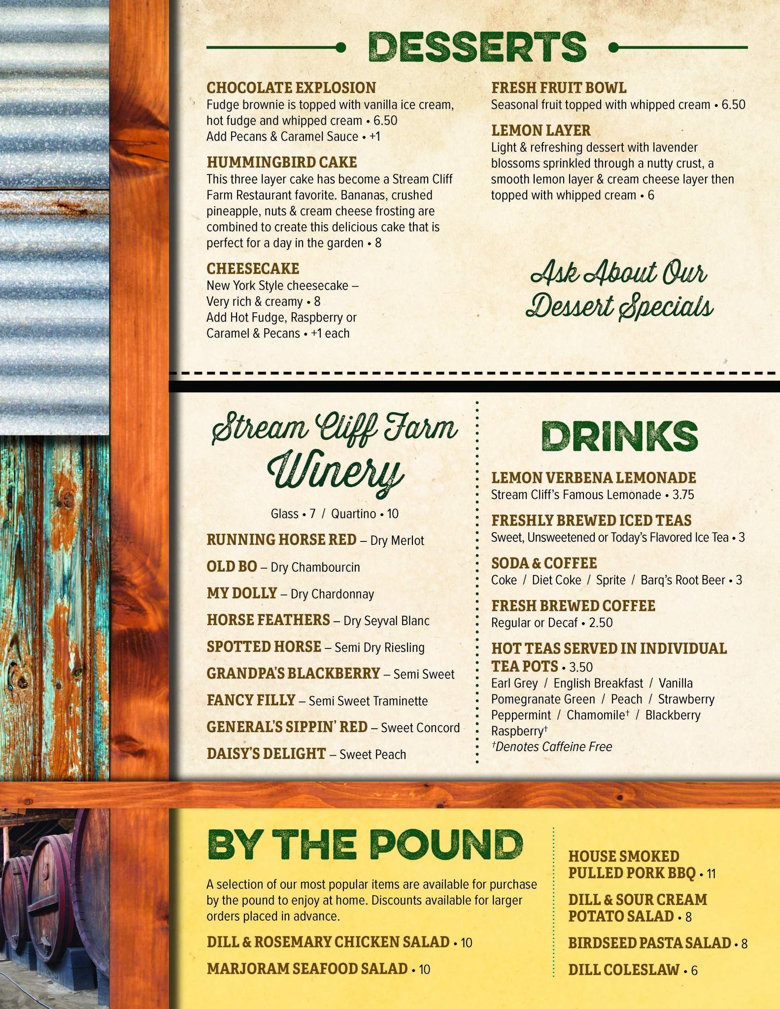 Menu at Stream Cliff Farm, Restaurant & Winery, Commiskey