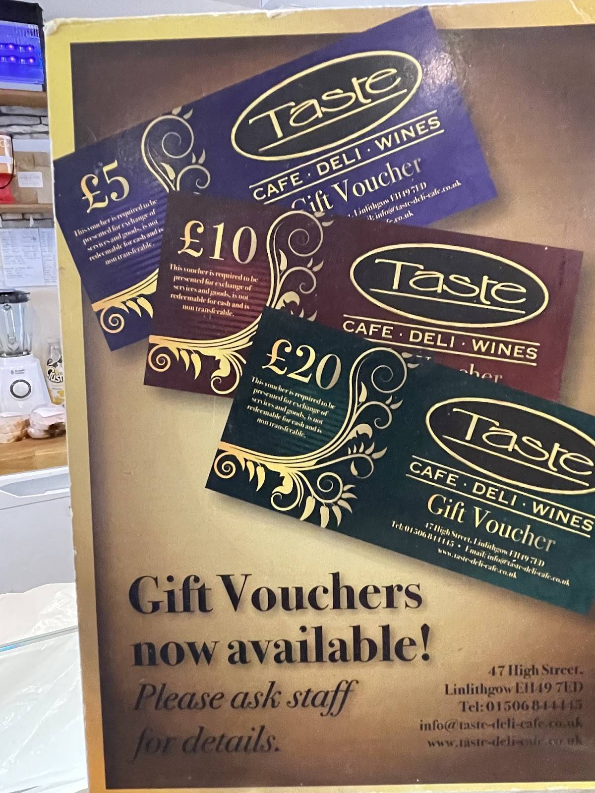 Menu at Taste cafe, Linlithgow