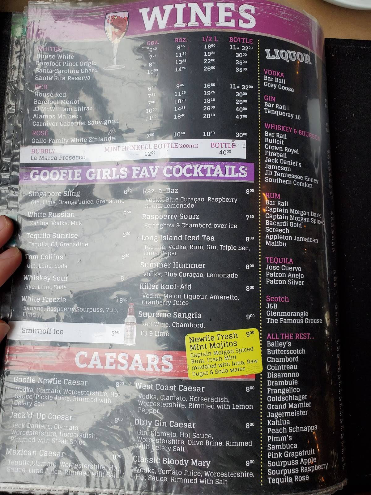 Menu at The Goofie Newfie pub & bar, Fergus