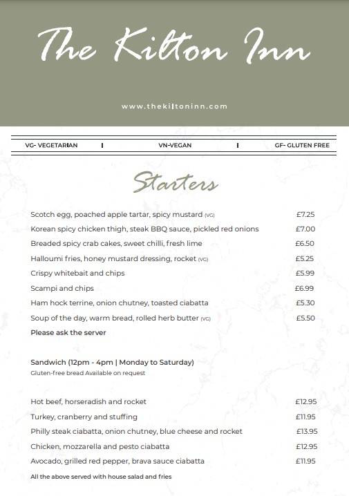 Menu at The Kilton Inn, Knutsford pub & bar, Knutsford, Warrington Road