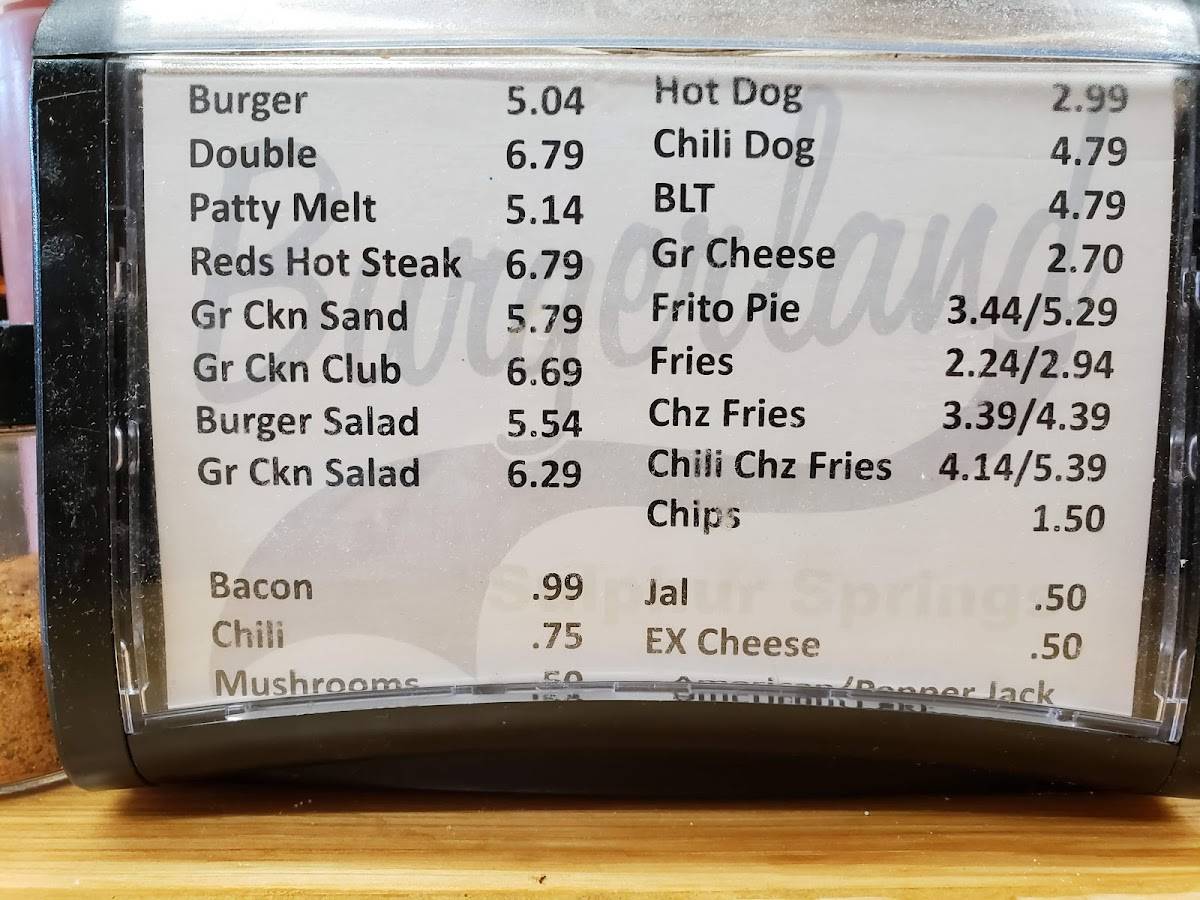 Menu at The Stadium at Burgerland restaurant, Sulphur Springs