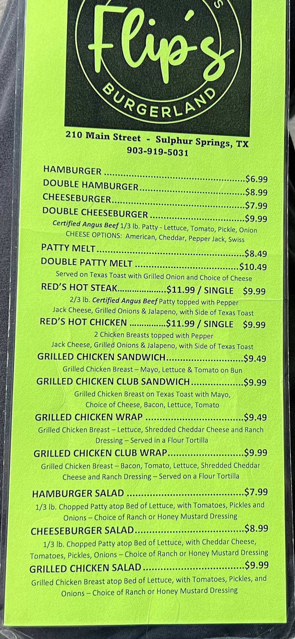 Menu at The Stadium at Burgerland restaurant, Sulphur Springs