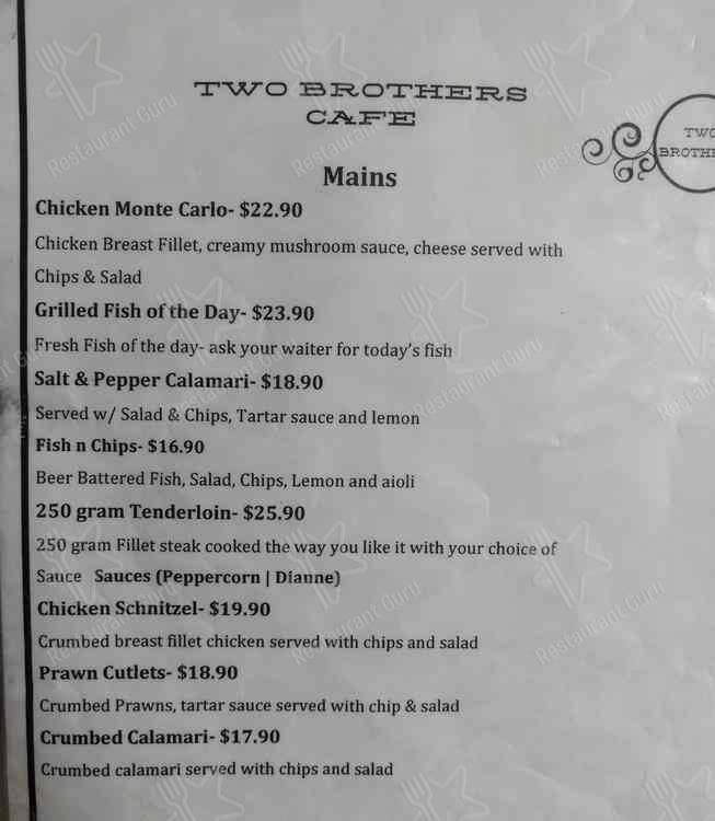 Menu at Two Brothers Cafe, Lane Cove